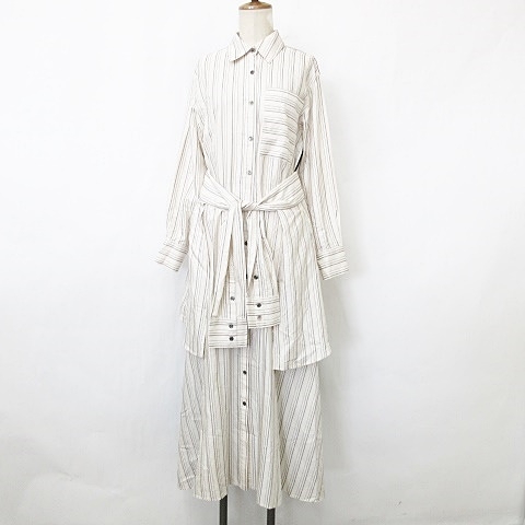 【中古】アドーア ワンピース シャツワンピ ロング 長袖 異素材切替 前開き 腰巻ベルト ベージュ 黒 38 レディース