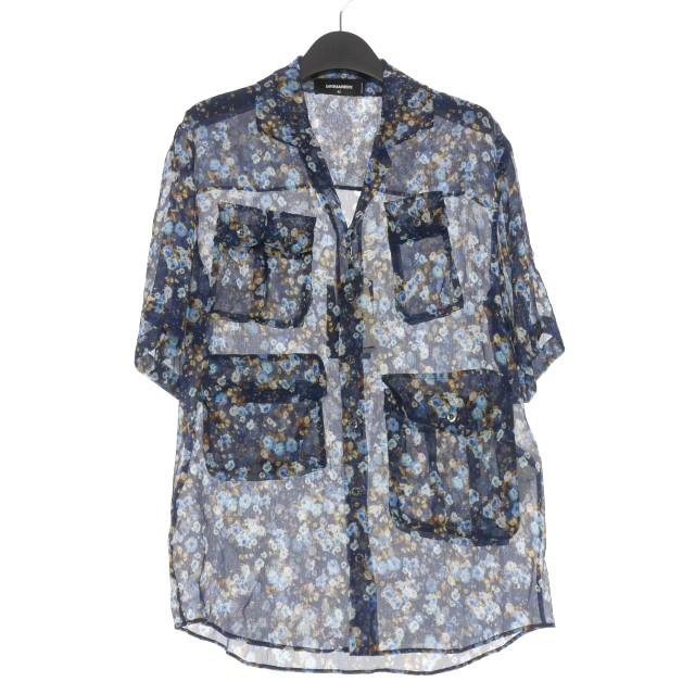 【中古】未使用品 ディースクエアード DSQUARED2 22SS Tactical Bowl Shirt フラワープリント 半袖シャツ 42 ネイビー