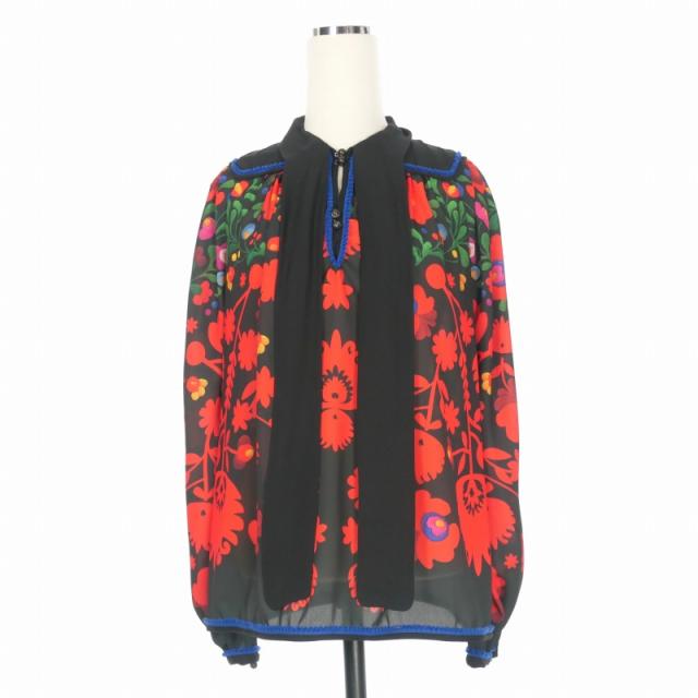 【中古】ディースクエアード DSQUARED2 22AW フラワープリント リボンタイ シャツ ブラウス 長袖 38 ブラック 黒