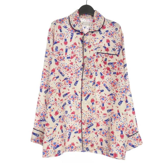 【中古】未使用品 メゾンマルジェラ 22AW Ditsy パジャマシャツ シルク 総柄 長袖 38 ホワイト/ブルー 白/青