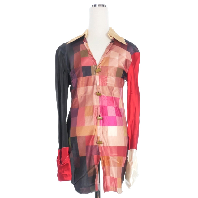 【中古】マルニ MARNI 19AW グラフィックピクセルプリント サテン スキッパーシャツ ブラウス 長袖 40 マルチカラー