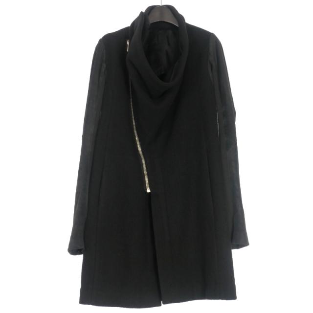 【中古】リックオウエンス Rick Owens 00' アーカイブ レザー切替 ウールドレープコート ジャケット 42 ブラック 黒
