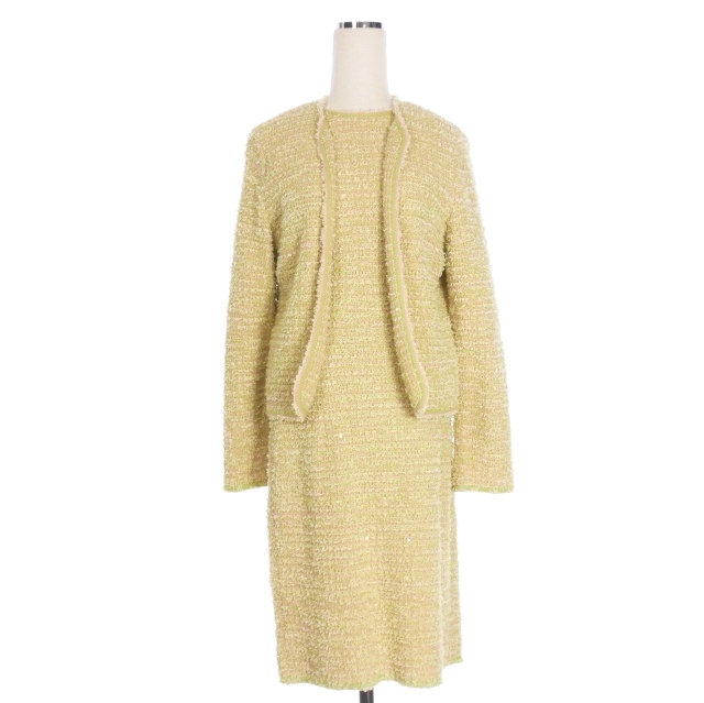 【中古】フォクシー FOXEY スパンコール ツイード ノースリーブワンピーススーツ セットアップ ジャケット 長袖 42 グリーン