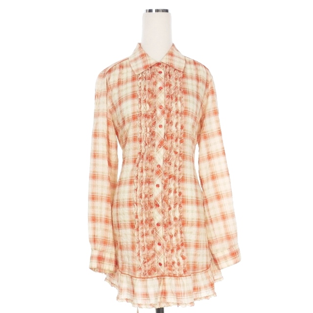 【中古】ピンクハウス PINK HOUSE ピコ加工 フリルチェック シャツワンピース チュニック 長袖 ピンク P010KFB06 レディース