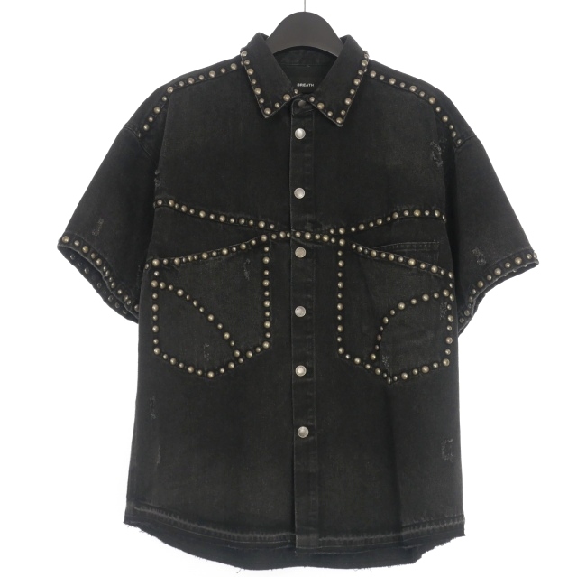 【中古】ブレス Breath 25SS Suicide Studs Denim Shirt ダメージ加工 スタッズ デニムシャツ 半袖 M ブラック 黒