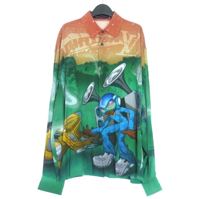 【中古】ルイヴィトン LOUIS VUITTON 23AW プリーテッドロングスリープシャツ 長袖 S グリーン/マルチカラー