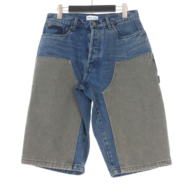 【中古】未使用品 ワークエッジ WOKE EDGE Bicolor Double Knee Shorts デニム ハーフパンツ ショートパンツ M