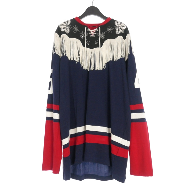 【中古】未使用品 ディースクエアード DSQUARED2 23AW ウエスタン ホッケーシャツ フリンジ カットソー L ネイビー