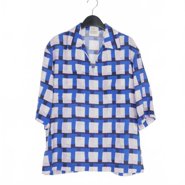 【中古】ドリスヴァンノッテン DRIES VAN NOTEN 21ss レンライ LEN LYE チェック リネンシャツ 半袖 46 ブルー 青