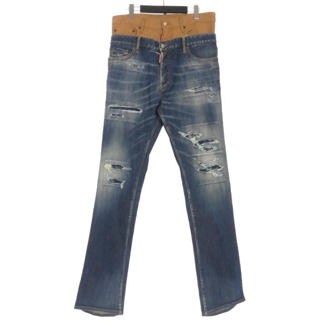 【中古】未使用品 ディースクエアード DSQUARED2 23AW DOUBLE FABRIC DISTRESSED JEANS レイヤードデニムパンツ 48