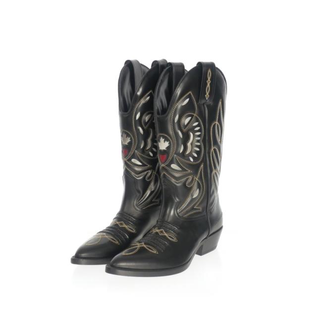 【中古】未使用品 ディースクエアード DSQUARED2 23AW Heeled Boots 刺繍 ウエスタンブーツ 靴 39 ブラック 黒