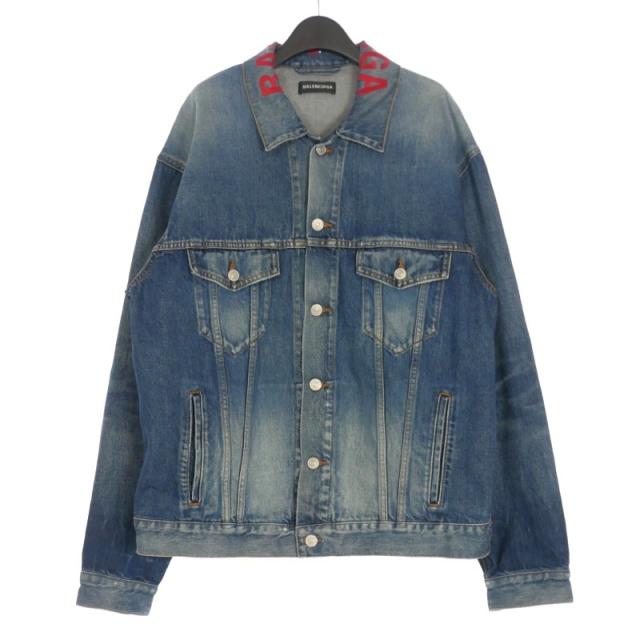 【中古】バレンシアガ BALENCIAGA 20SS ネックロゴ 刺繍 デニムジャケット ブルゾン 48 インディゴ 571324 TCW03
