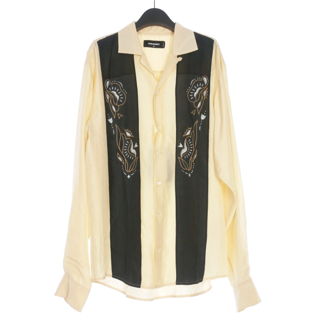 【中古】未使用品 ディースクエアード DSQUARED2 23AW Notch Collar Shirt 刺繍 オープンカラー シルクシャツ 長袖 46