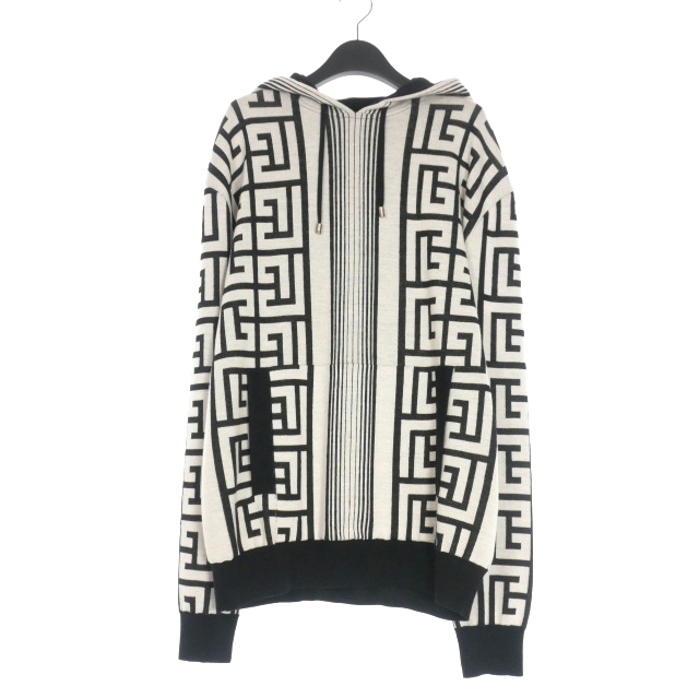 【中古】バルマン BALMAIN モノグラムプリント ドローストリング ニットフーディ 長袖 M ブラック/ホワイト JR070KB34 国内正規 メンズ