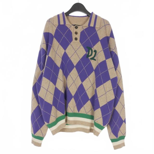 【中古】未使用品 ディースクエアード DSQUARED2 23AW D2 アーガイル ニットポロ セーター 長袖 M パープル/ベージュ