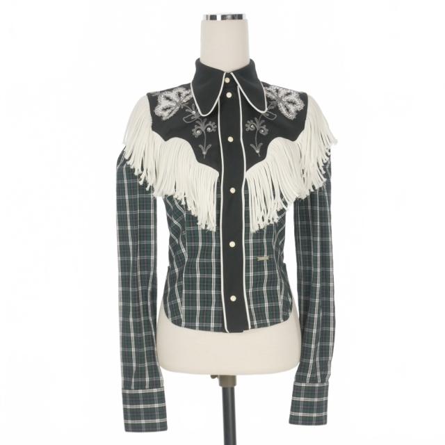 【中古】未使用品 ディースクエアード DSQUARED2 23AW カウボーイ ウエスタンシャツ ブラウス 長袖 38 グリーン 緑
