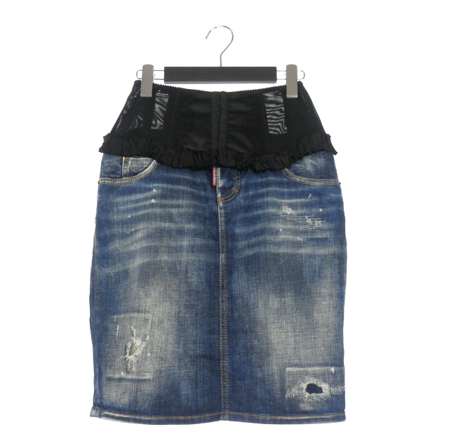【中古】未使用品 ディースクエアード DSQUARED2 23AW コルセット ペンシルスカート デニム 36 インディゴ S72MA0971
