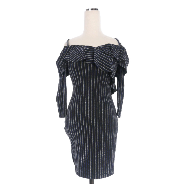【中古】ディースクエアード DSQUARED2 23AW ストライプ オフショルダードレス ワンピース 長袖 XS ブルー/ブラック