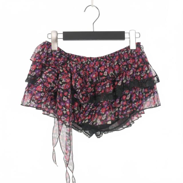 【中古】ディースクエアード DSQUARED2 23AW シルク 花柄 フリル キュロットパンツ ショーツ 38 ブラック/マルチカラー