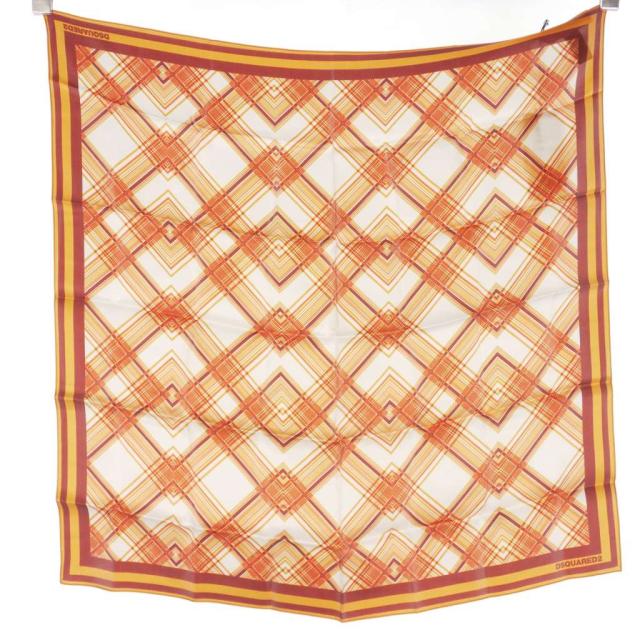 【中古】ディースクエアード 23AW シルク チェック スカーフ ストール スクエア オレンジ系 S82FU0007 国内正規