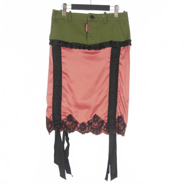 【中古】未使用品 ディースクエアード DSQUARED2 23AW Lingerie Mini リボン レース ドッキングスカート 38 カーキ/ピンク/ブラック