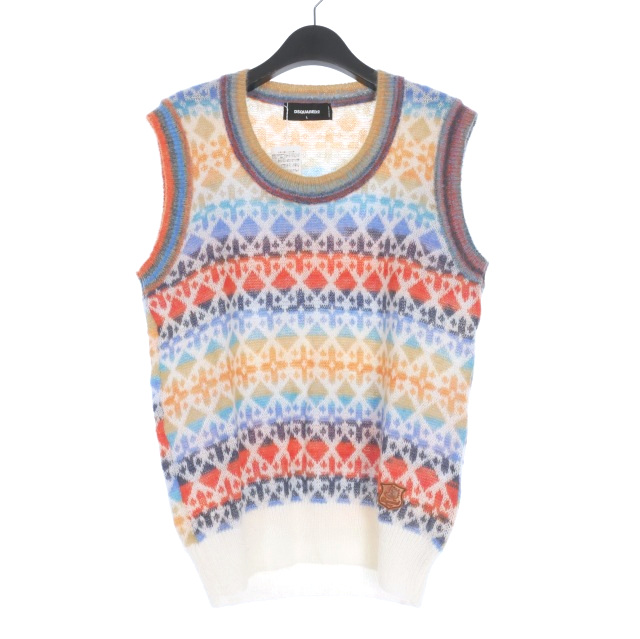 【中古】未使用品 ディースクエアード DSQUARED2 23AW モヘヤ ジャガードニットベスト セーター ノースリーブ L マルチカラー