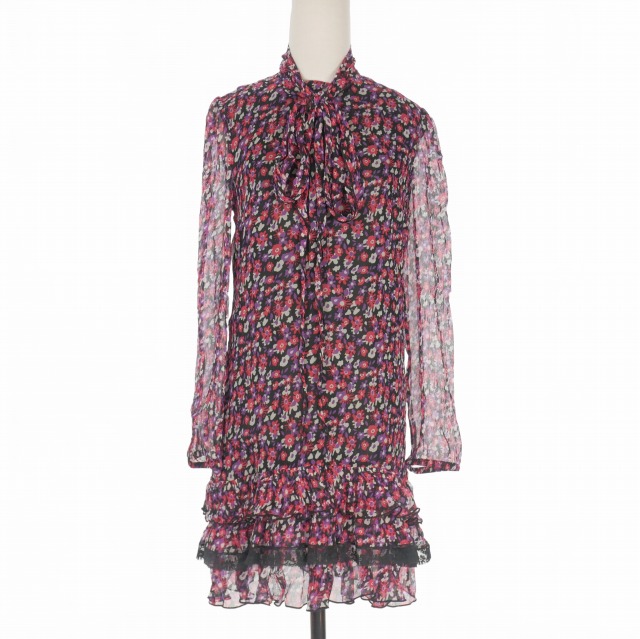 【中古】ディースクエアード DSQUARED2 23AW シルク 花柄 リボンタイ ティアードフリルワンピース ドレス 長袖 38 マルチカラー