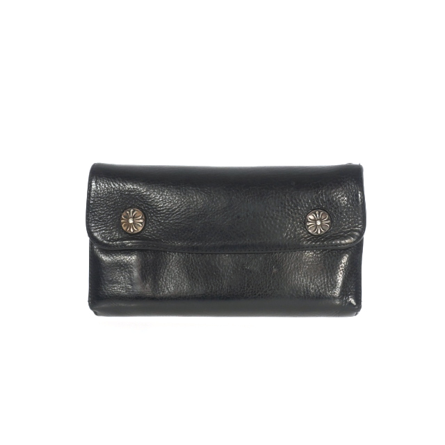 【中古】クロムハーツ CHROME HEARTS ウェーブウォレット レザー 長財布 ブラック 黒 メンズ