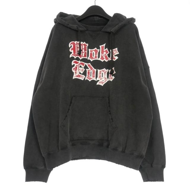 【中古】未使用品 ワークエッジ 25AW After Hoodie ダメージ加工 ロゴプリントパーカー フーディー 長袖 M ブラック 黒