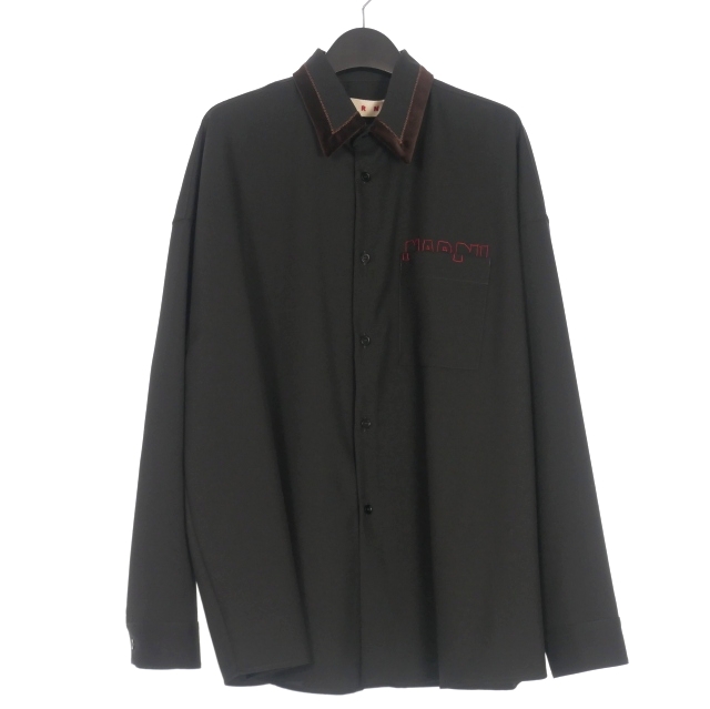 【中古】未使用品 マルニ MARNI 25AW ブラック ウールシャツ マルニメンディングロゴ 刺繍 ドレスシャツ 長袖 46 ブラック