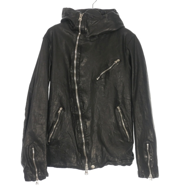 【中古】イサムカタヤマバックラッシュジャパンショルダー製品染め フーデッド レザーブルゾン ライダース M ブラック