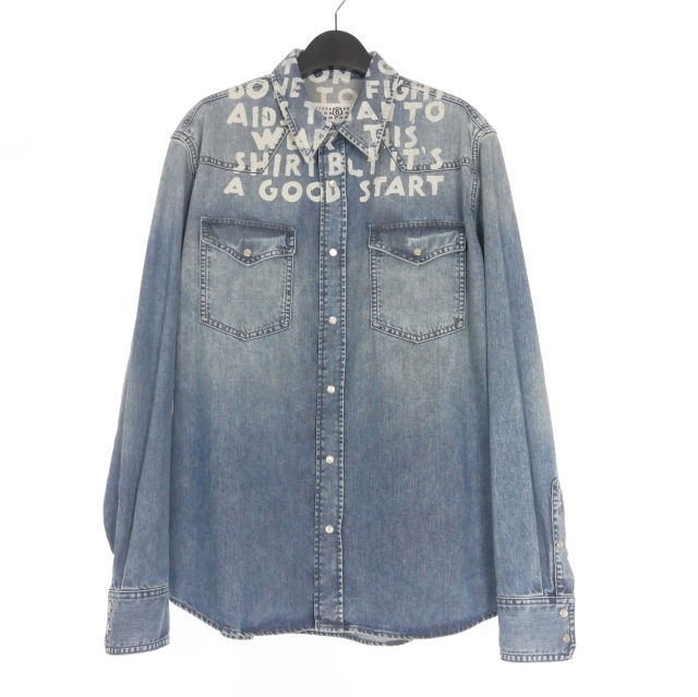 【中古】未使用品 メゾンマルジェラ MM6 25SS Long-sleeved Shirt エイズチャリティープリント デニムシャツ 長袖 46