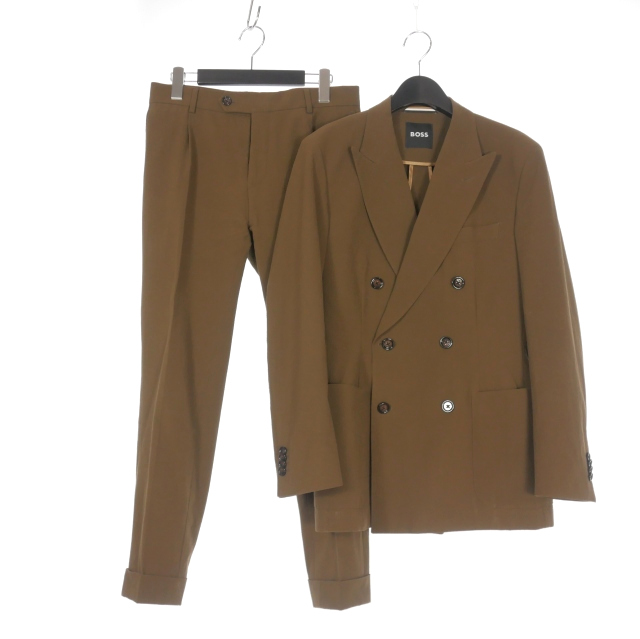 【中古】ヒューゴボス HUGO BOSS セットアップスーツ 上下 シアサッカー ダブル 48 ブラウン 茶 1468160281 国内正規