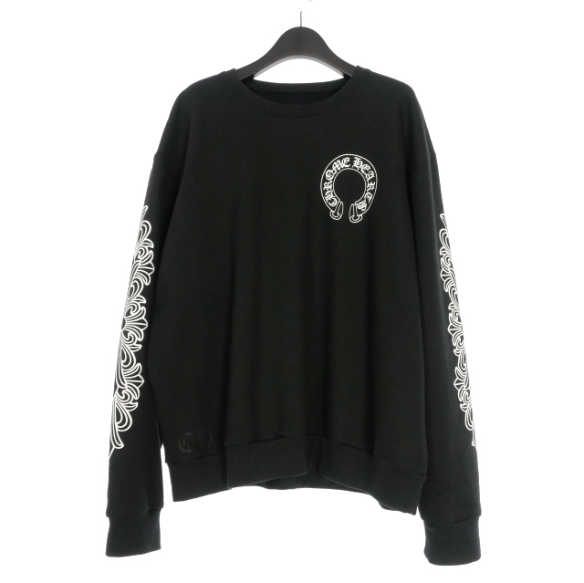 【中古】クロムハーツ CHROME HEARTS フローラルクロス ホースシュー クルーネックスウェット トレーナー 長袖 M 黒