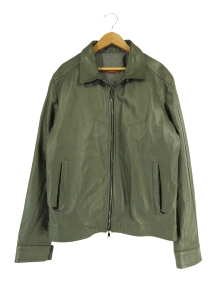 【中古】シカス SICAS レザー ジャケット ライダース シングル ラム 無地 カーキ サイズ48 イタリア製 QQQ メンズ