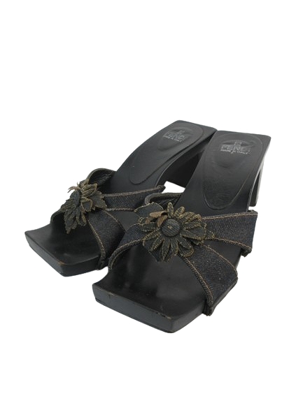 【中古】フェンディ FENDI サンダル ミドルヒール デニム フラワー サイズ35 1/2 黒 QQQ ★AA☆ レディース