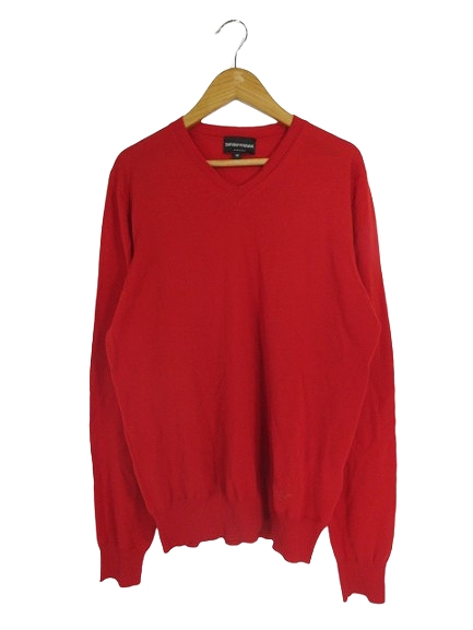 【中古】エンポリオアルマーニ EMPORIO ARMANI ニット Vネック 長袖 リブ 無地 サイズ48 レッド 国内正規 QQQ レディース