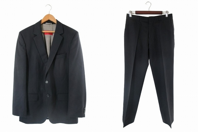 【中古】ヒューゴボス スーツ セットアップ テーラード ジャケット スラックス パンツ ストライプ 46 ネイビー メンズ