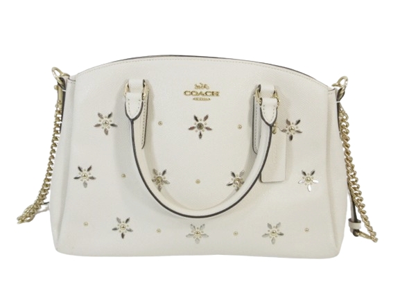 【中古】コーチ COACH バッグ ハンドバッグ ショルダー 2way 花 ビジュー チェーン ホワイト QQQ ☆AA★ レディース