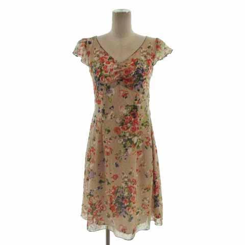 【中古】トッカ TOCCA ワンピース Vネック フレンチスリーブ シアー ひざ丈 花柄 ベージュ マルチカラー 0 レディース