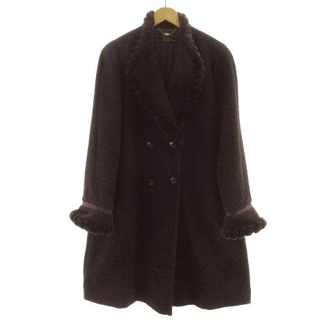 【中古】レリアン Leilian コート トライアングルカラー ヌートリアファー 切替え 日本製 ブラウン 茶 ブラック 黒 9