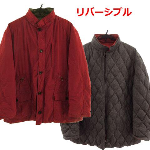 【中古】インターメッツォ INTERMEZZO ダウンジャケット リバーシブル フード 赤 ツイード転写プリント 茶 白 3L