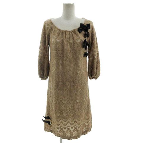 【中古】トッカ TOCCA ワンピース 総レース リボン 七分袖 ミディ丈 日本製 ブラウン系 茶系 ブラック 黒 0