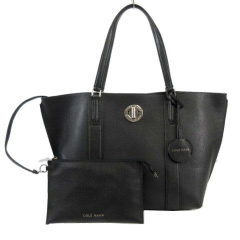 【中古】コールハーン COLE HAAN ターンロック トート バッグ U04686 レザー 型押し ポーチ付き チャーム付き 黒