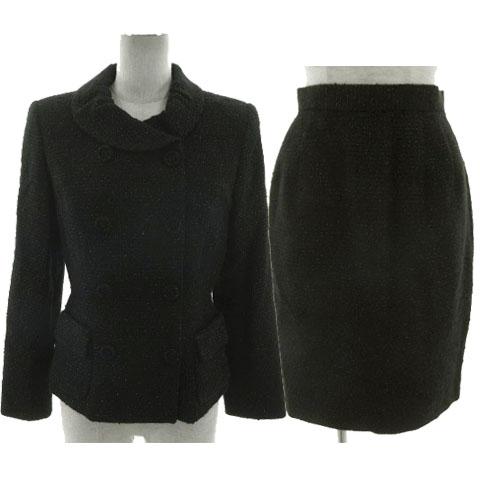 【中古】エムズグレイシー スーツ フォーマル ツイード 起毛 ジャケット 丸襟 スカート ミディ丈 黒 レインボーラメ 9