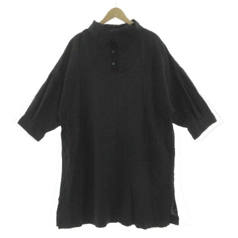 【中古】バスコ BASCO ワンピース シャツワンピ ボリュームカラー 切替え 長袖 ミディ丈 リネン ブラック 黒