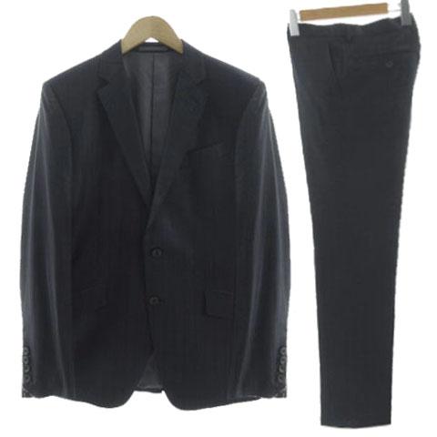 【中古】未使用品 ボナジョルナータ スーツ フォーマル YUNSA生地 スーパーファインウール 半光沢 ストライプ 濃紺 L