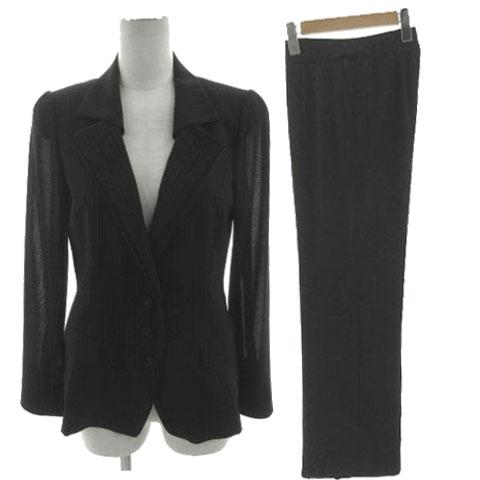 【中古】ヒロココシノ スーツ ジャケット ダブルカラー パンツ ストレート ウール混 ドットストライプ 黒 グレー 38