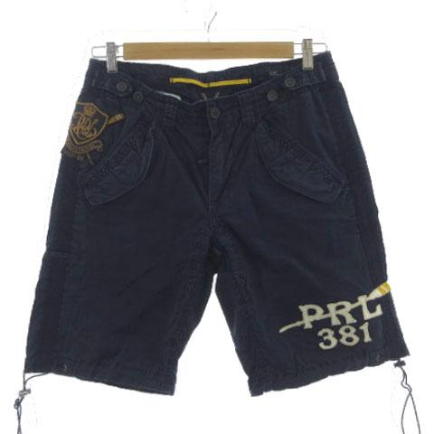 【中古】POLO RALPH LAUREN パンツ ショートパンツ ロゴ刺繍 エンブレムワッペン ユーズド加工 裾ドローコード 紺 32