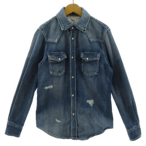 【中古】エーケーエム AKM×アンフィビアン AMPHIBIAN 別注クラッシュ加工ジョグデニムシャツ リペア加工 長袖 青 S